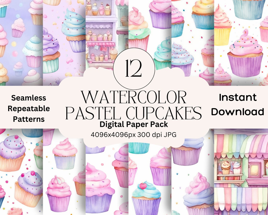Watercolor Cupcake Digital Paper: Pastel Scrapbook Patterns (digital ...
