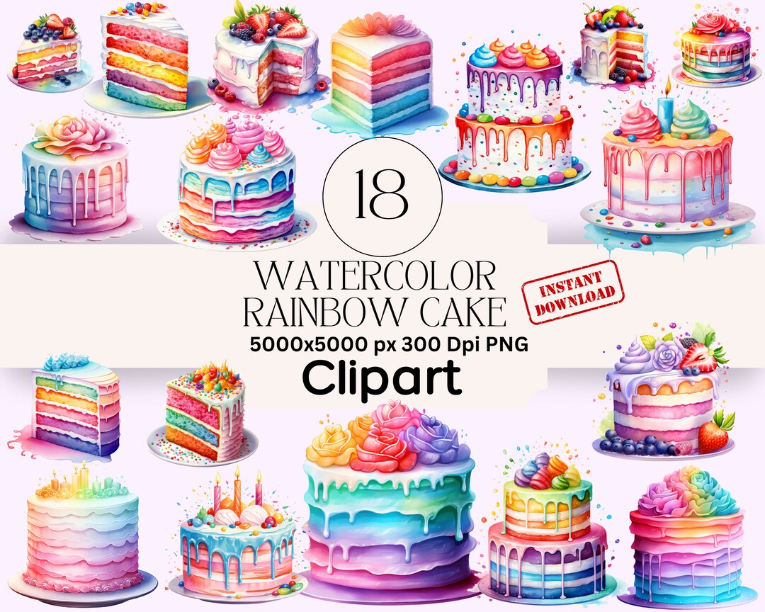Rainbow Cake Clipart Graphics Bundle PNG Instant Download Scrapbooking ...