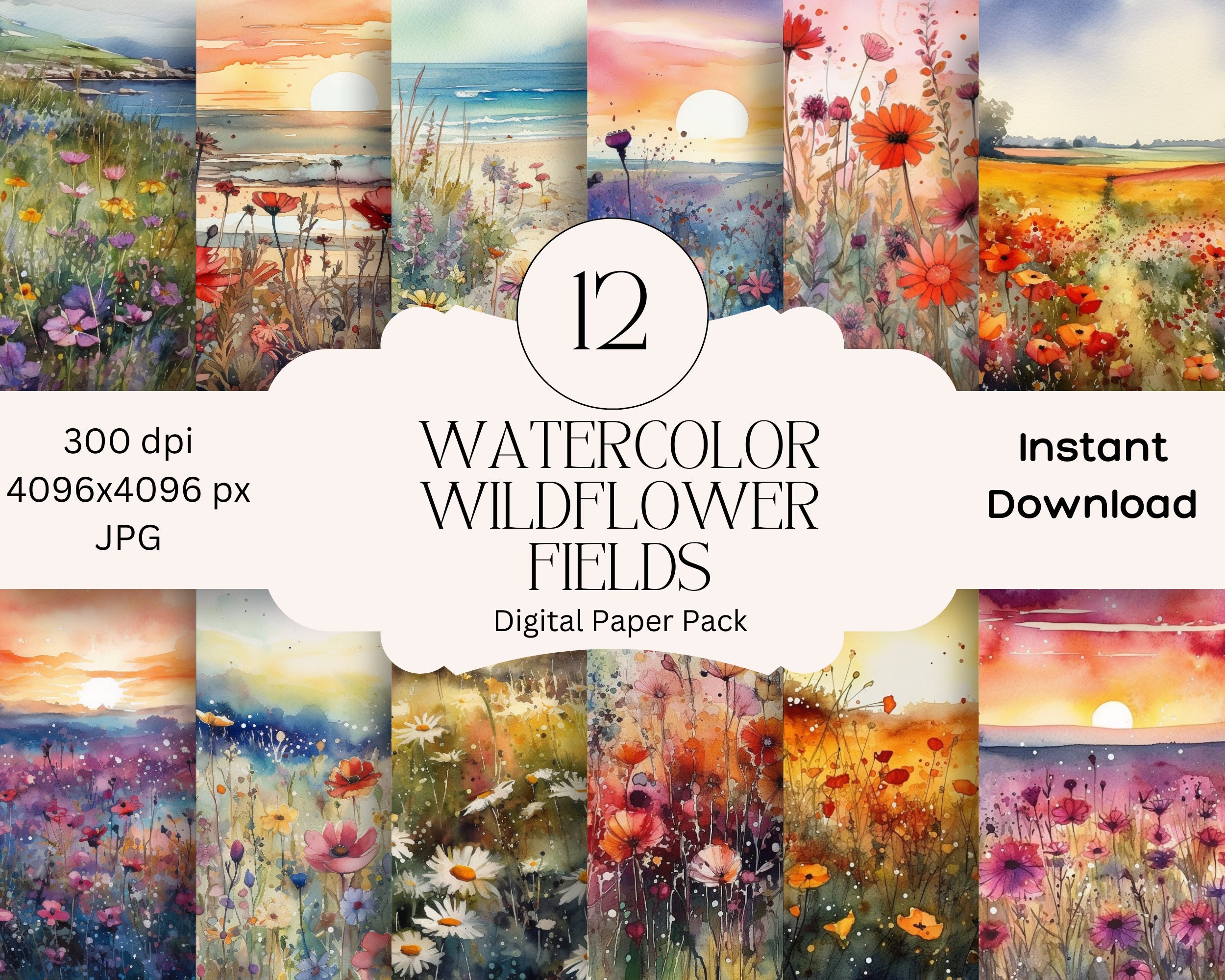 Watercolor Wildflower Digital Paper: Spring Meadow Scrapbooking Digital ...