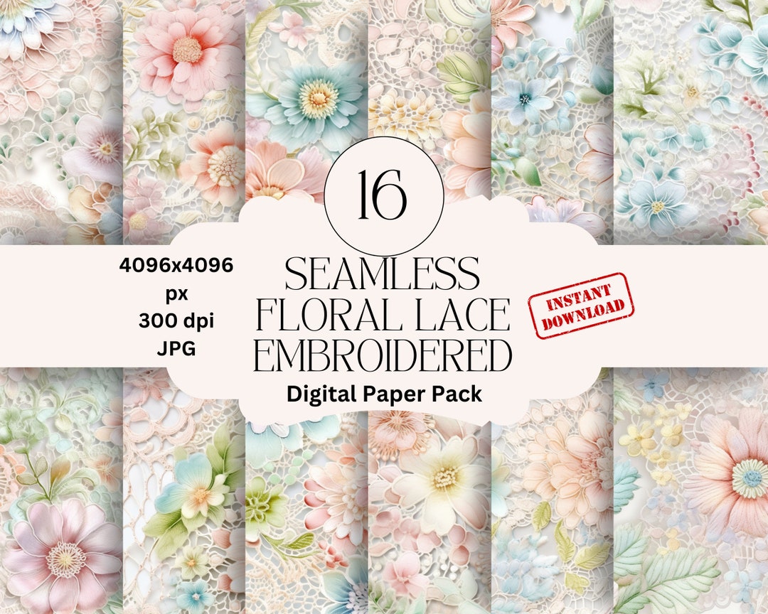 Embroidered Floral Lace Digital Paper Set Colorful Floral Junk Journal ...