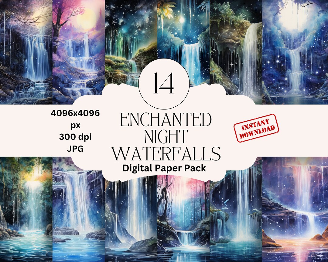 Watercolor Waterfall Digital Paper Set Enchanted Waterfall Junk Journal ...