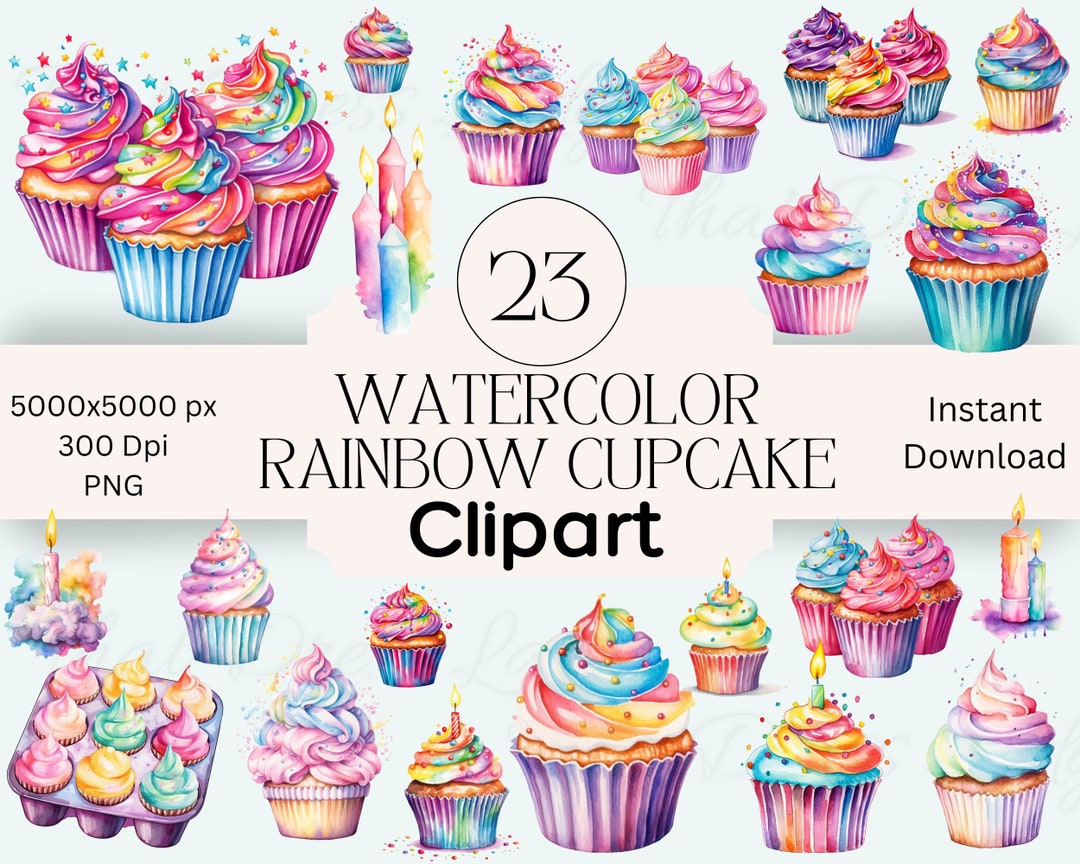 Rainbow Cupcake Clipart: Pastel Birthday Graphics (PNG Instant Download ...