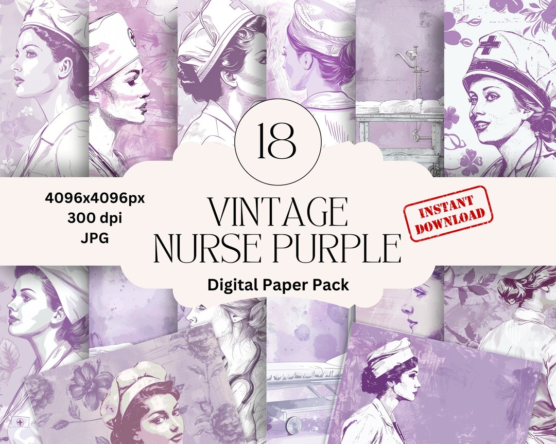 Vintage Nurse Digital Paper Set Purple Nursing Junk Journal Paper ...