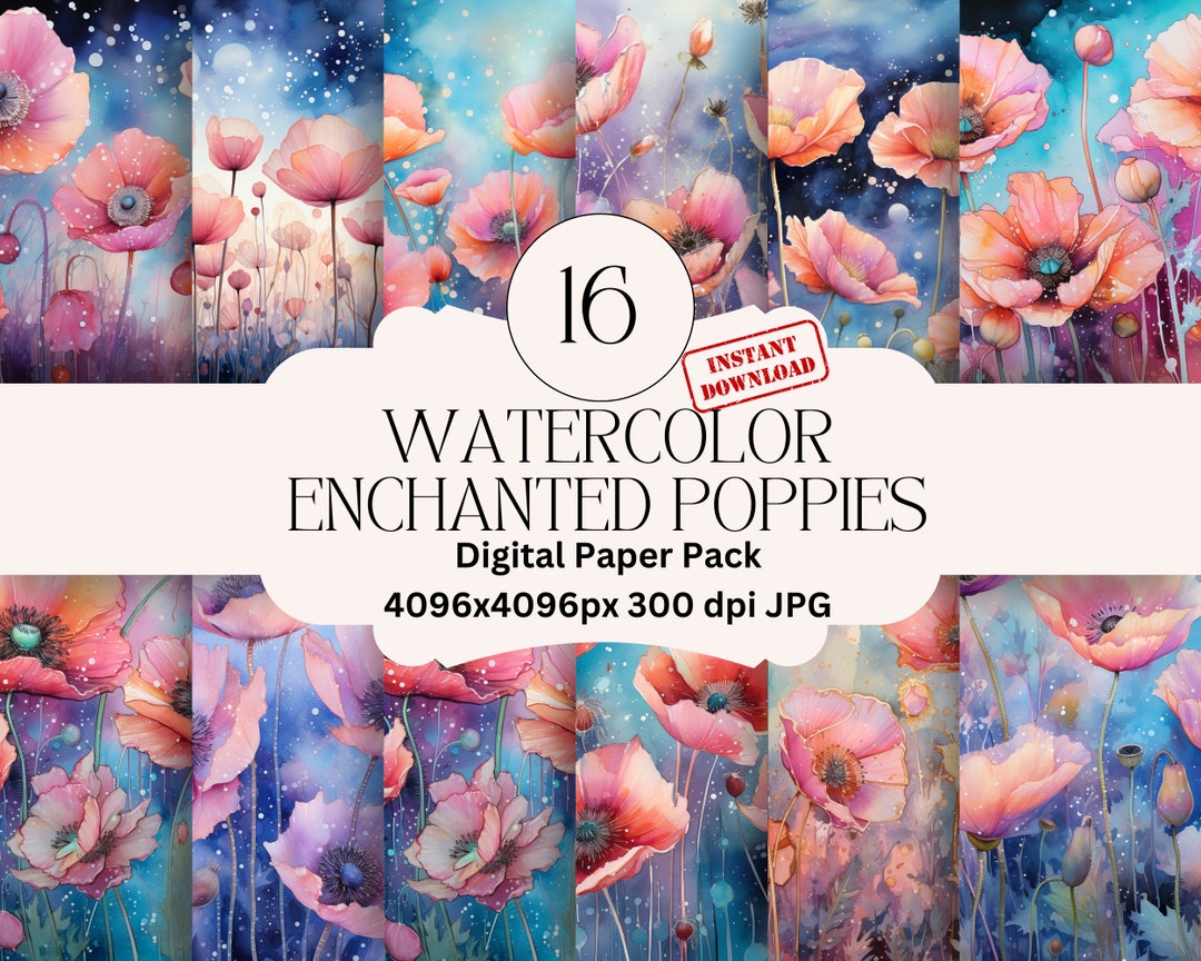 Watercolor Enchanted Poppies Digital Paper Set Junk Journal Printable ...