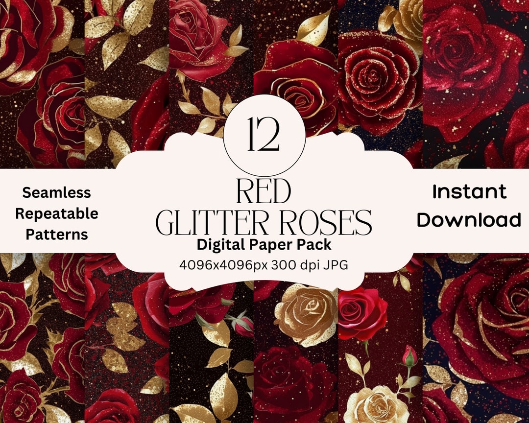 Deep Red Gold Rose Digital Paper Set, Junk Journal Paper, Printable ...