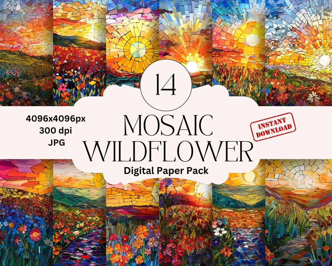 Mosaic Wildflower Digital Paper Set, Spring Flowers Junk Journal Paper ...