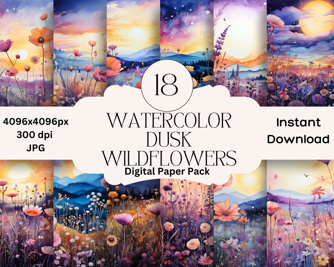 Watercolor Wildflower Digital Paper: Dusk Meadow Scrapbook (digital ...