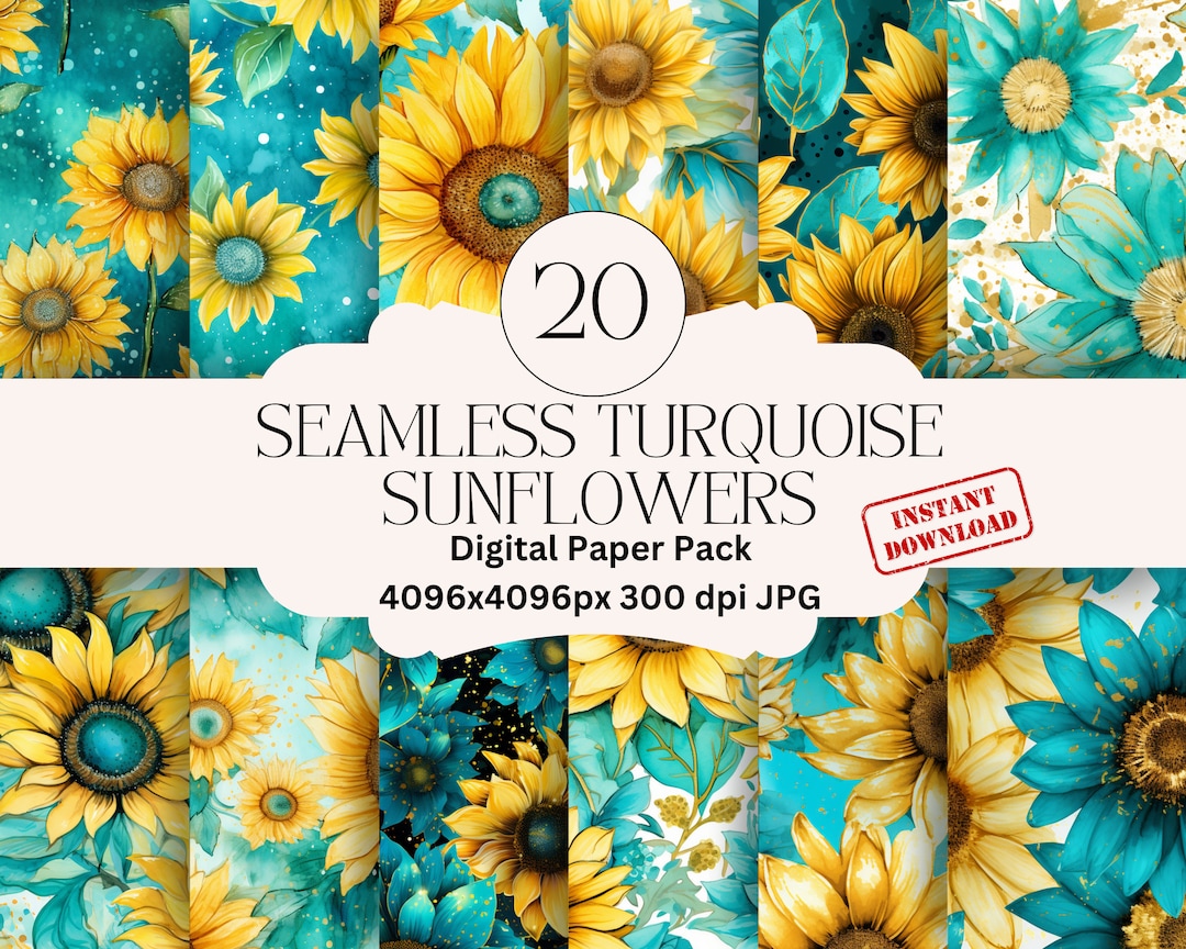 Watercolor Turquoise Sunflowers Digital Paper Set Spring Flowers Junk ...