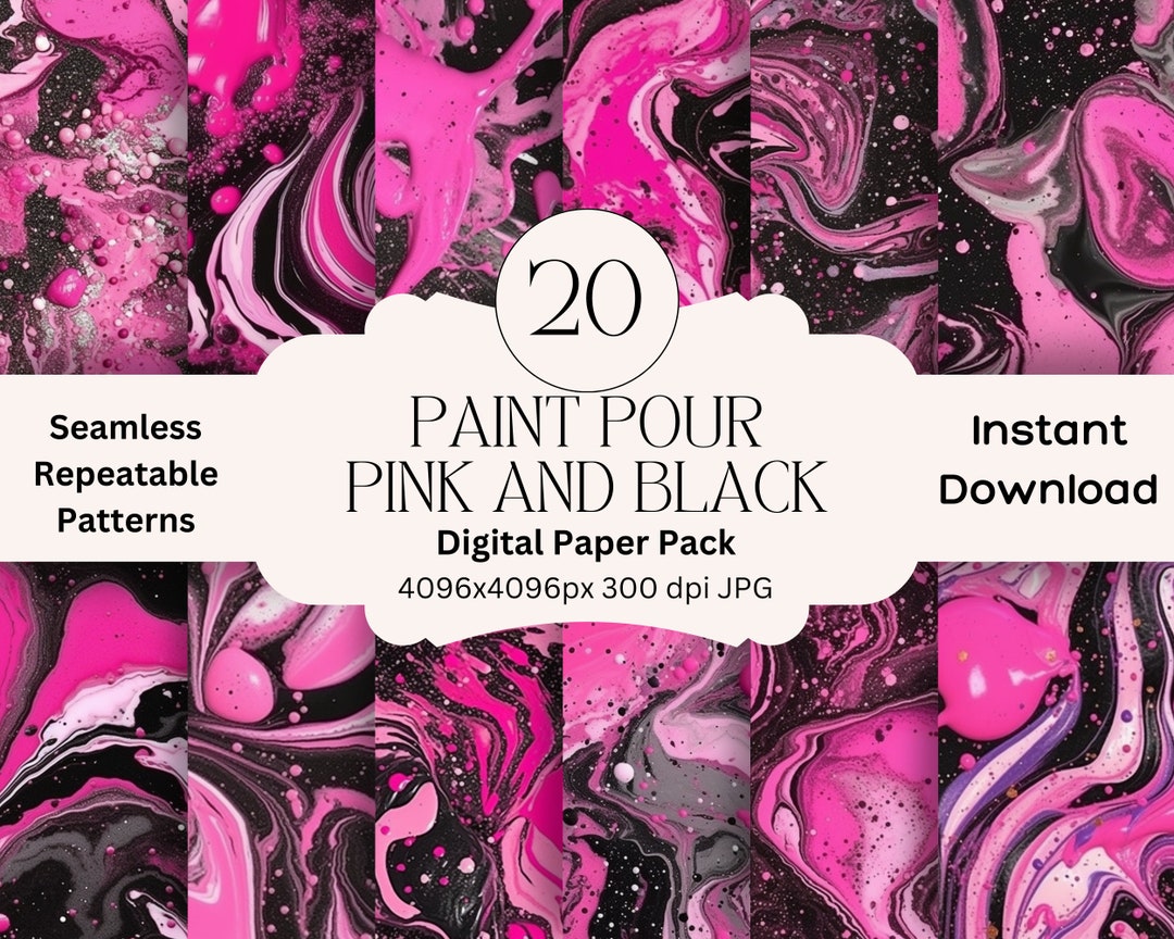 Pink and Black Paint Pour Digital Paper Set Junk Journal Paper ...
