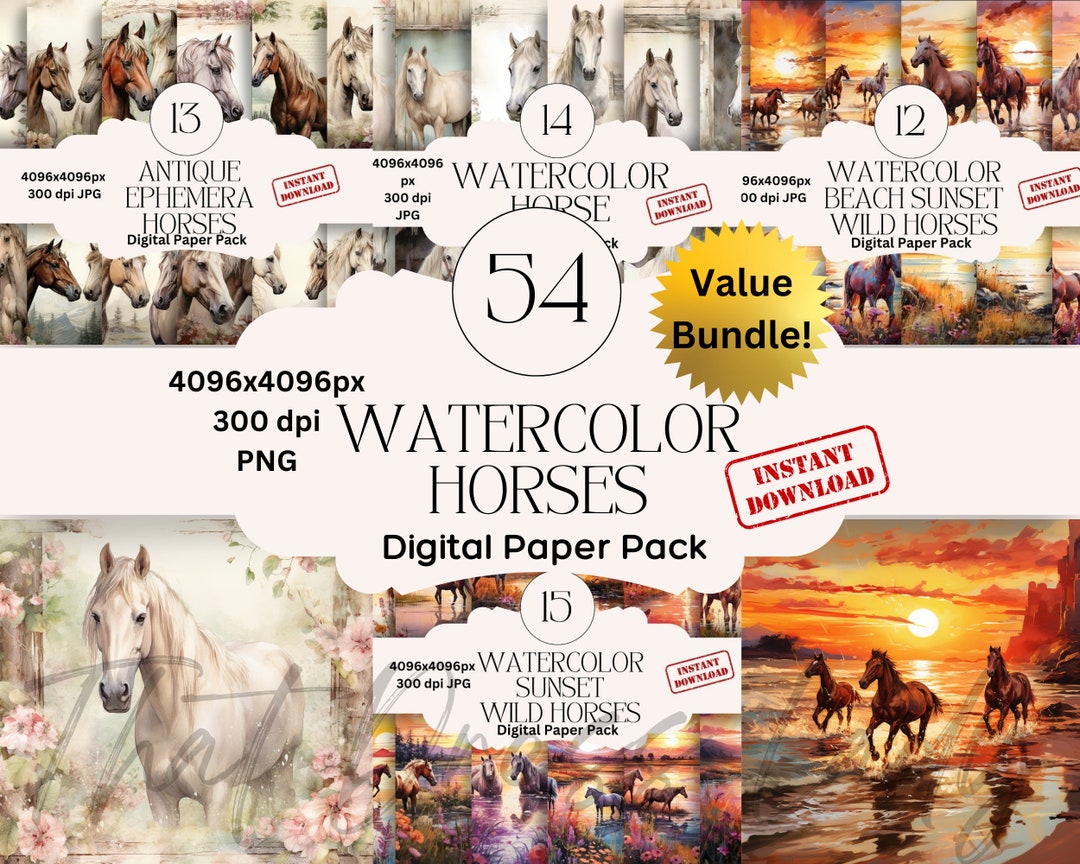 Watercolor Horse Digital Paper Set Spring Cottagecore Horse Scrapbook ...