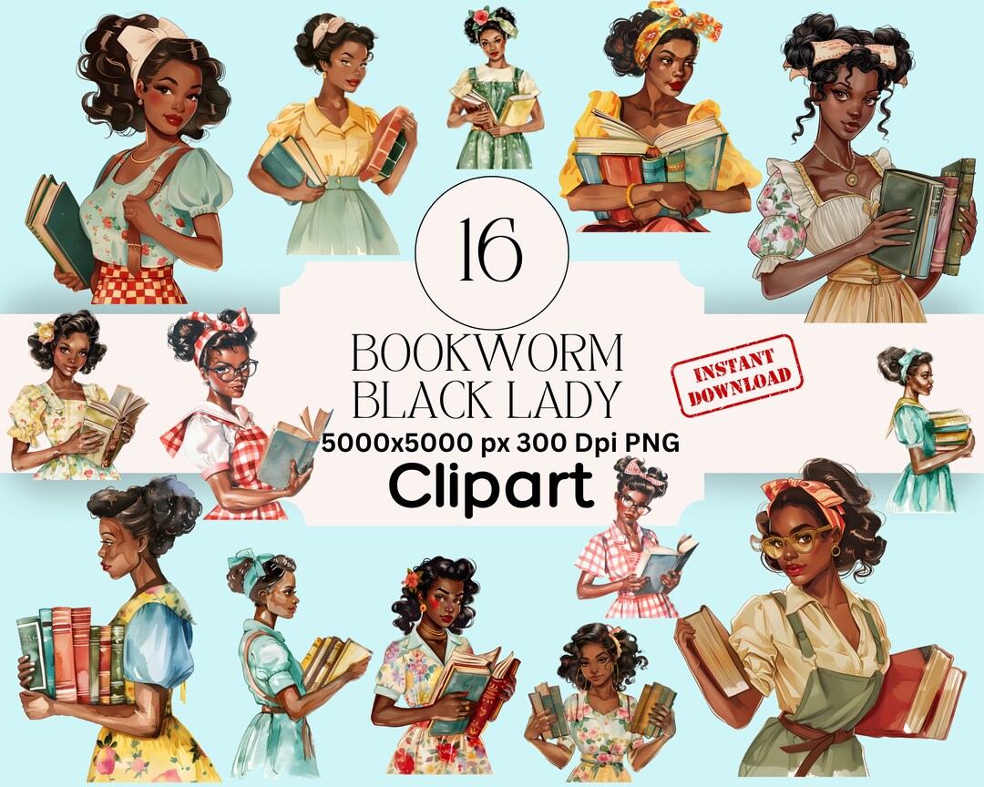 Bookworm Lady Clipart Graphics Bundle PNG Instant Download Scrapbooking ...