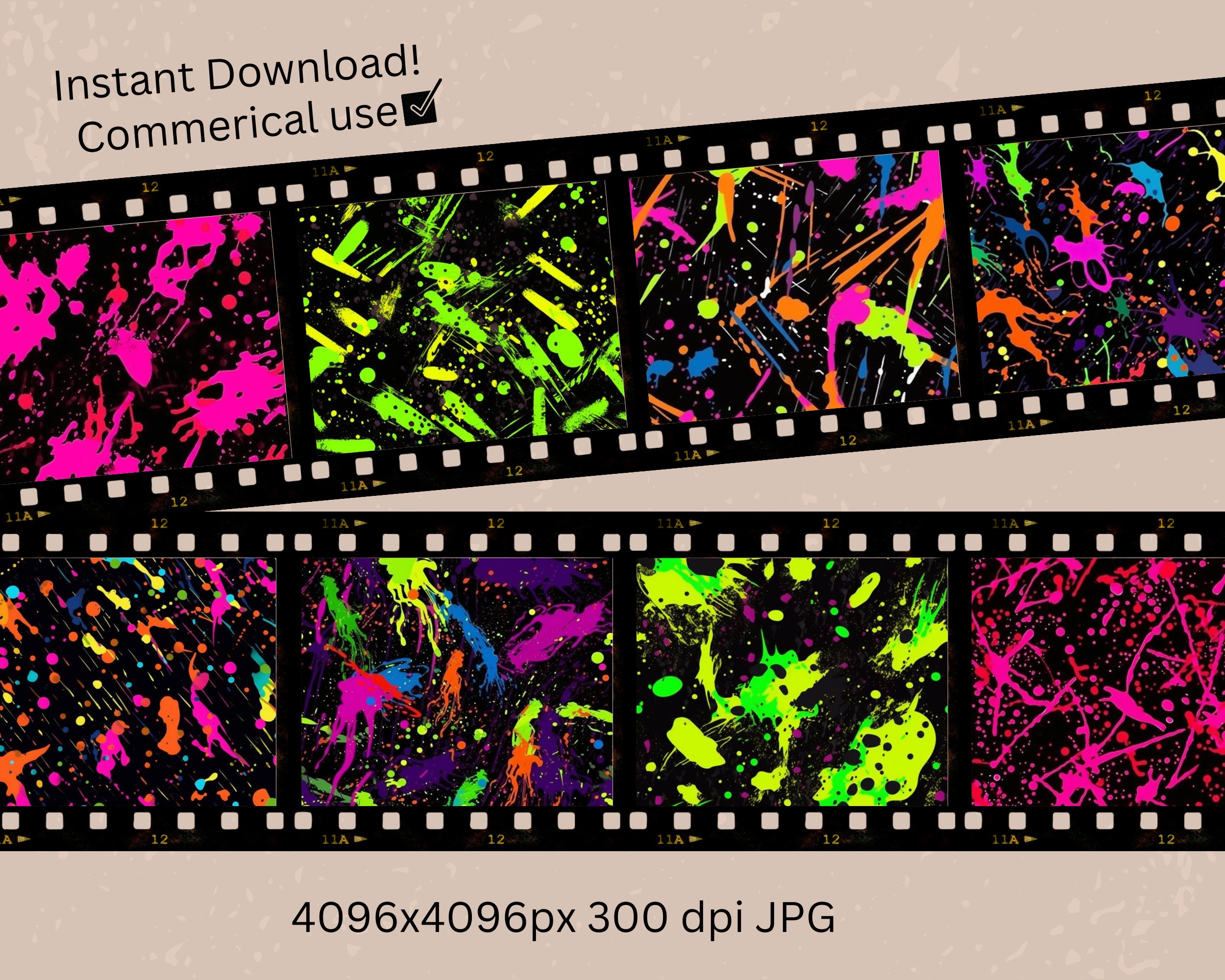 Neon Paint Splatter Digital Paper: Seamless Black Background (digital ...