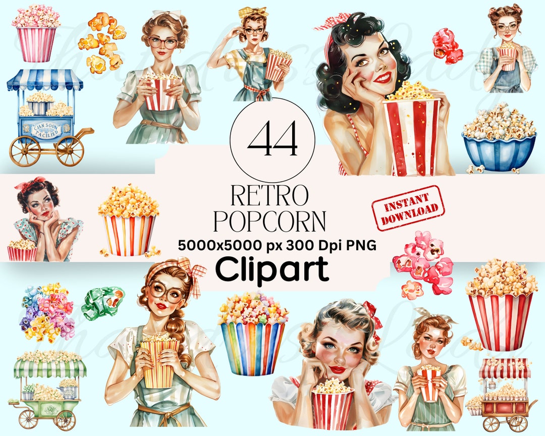 Retro Popcorn Clipart Graphics Bundle PNG Instant Download Scrapbooking ...