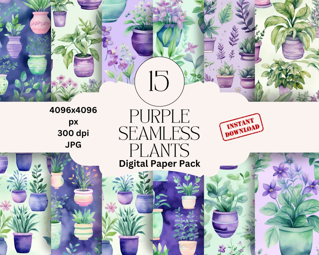 Purple Green Plants Digital Paper Set Junk Journal Pot Plant Seamless ...