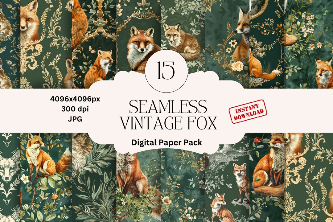 Seamless Vintage Fox Digital Paper Set Fox Scrapbook Paper Printable ...