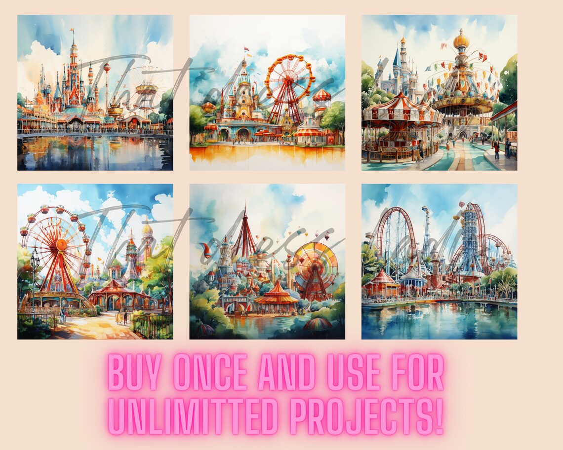 Theme Park Digital Paper Set: Watercolor Carnival Scrapbook (digital ...