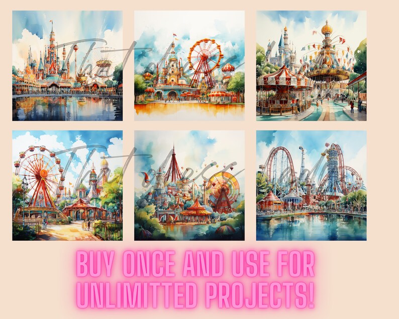 Theme Park Digital Paper Set: Watercolor Carnival Scrapbook (digital ...