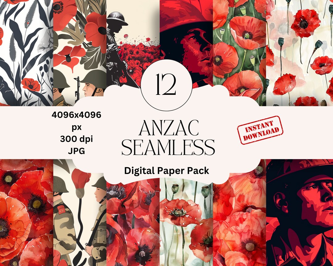 Anzac Digital Paper Set Junk Journal Paper Printable Anzac Scrapbook ...