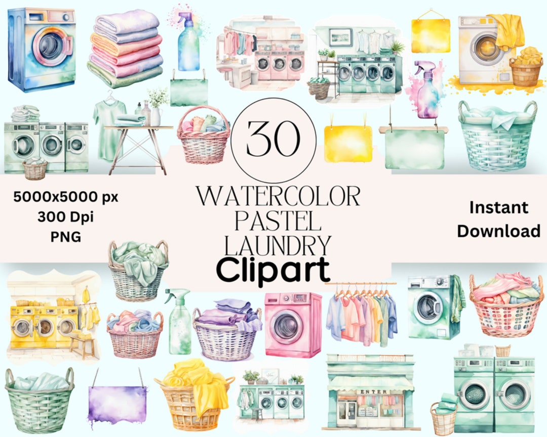 Pastel Laundry Clipart Bundle: Watercolor Washing Graphics (PNG ...