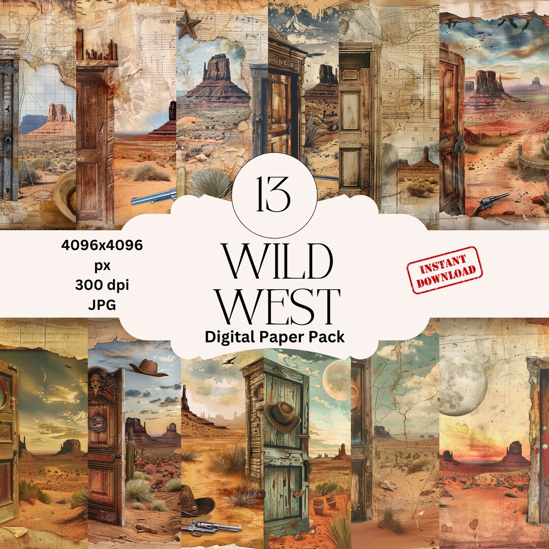 Wild West Digital Paper Set Junk Journal Cowboy Paper Printable Digital ...