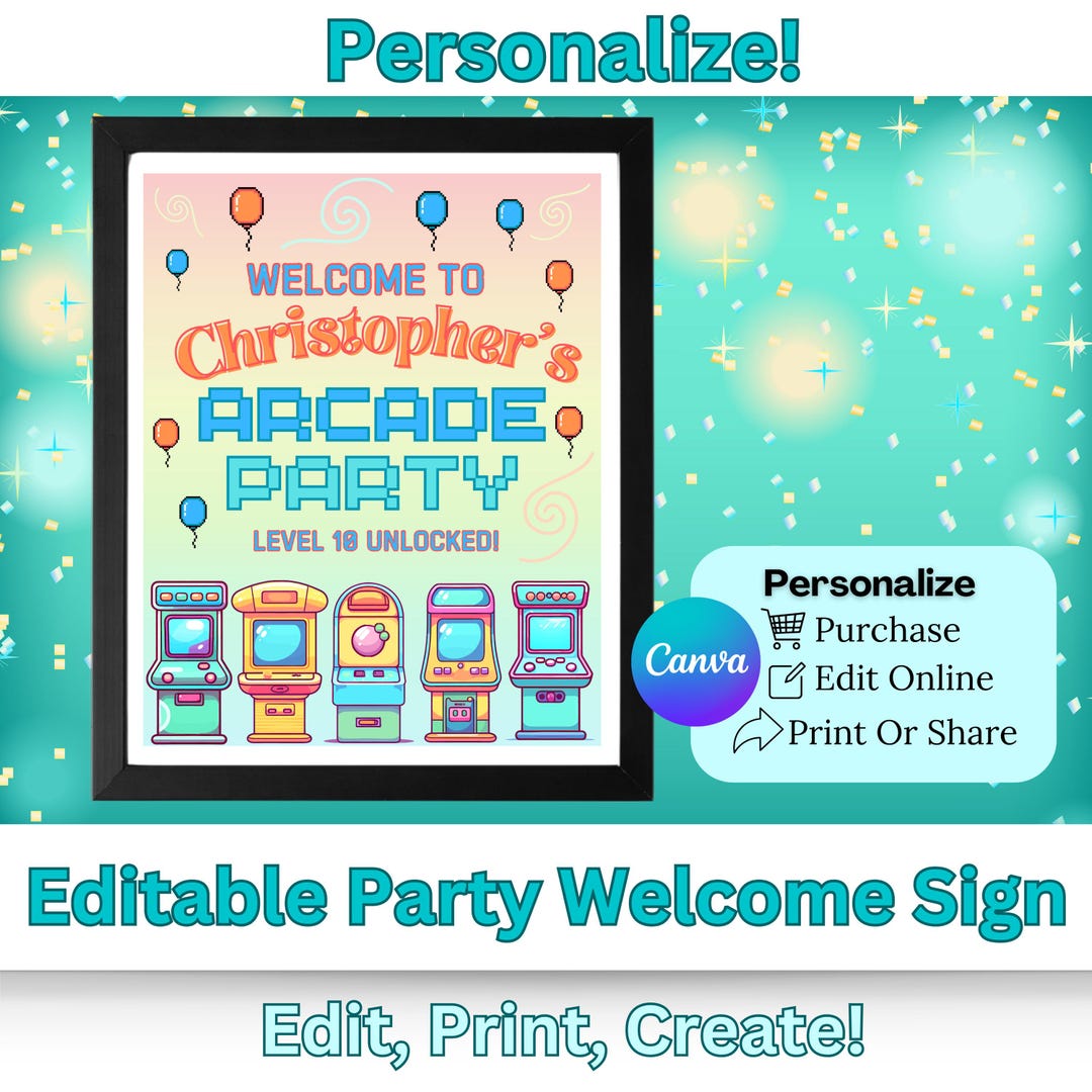 Arcade Birthday Poster Template 8 X 10 Inch Arcade Birthday Welcome ...