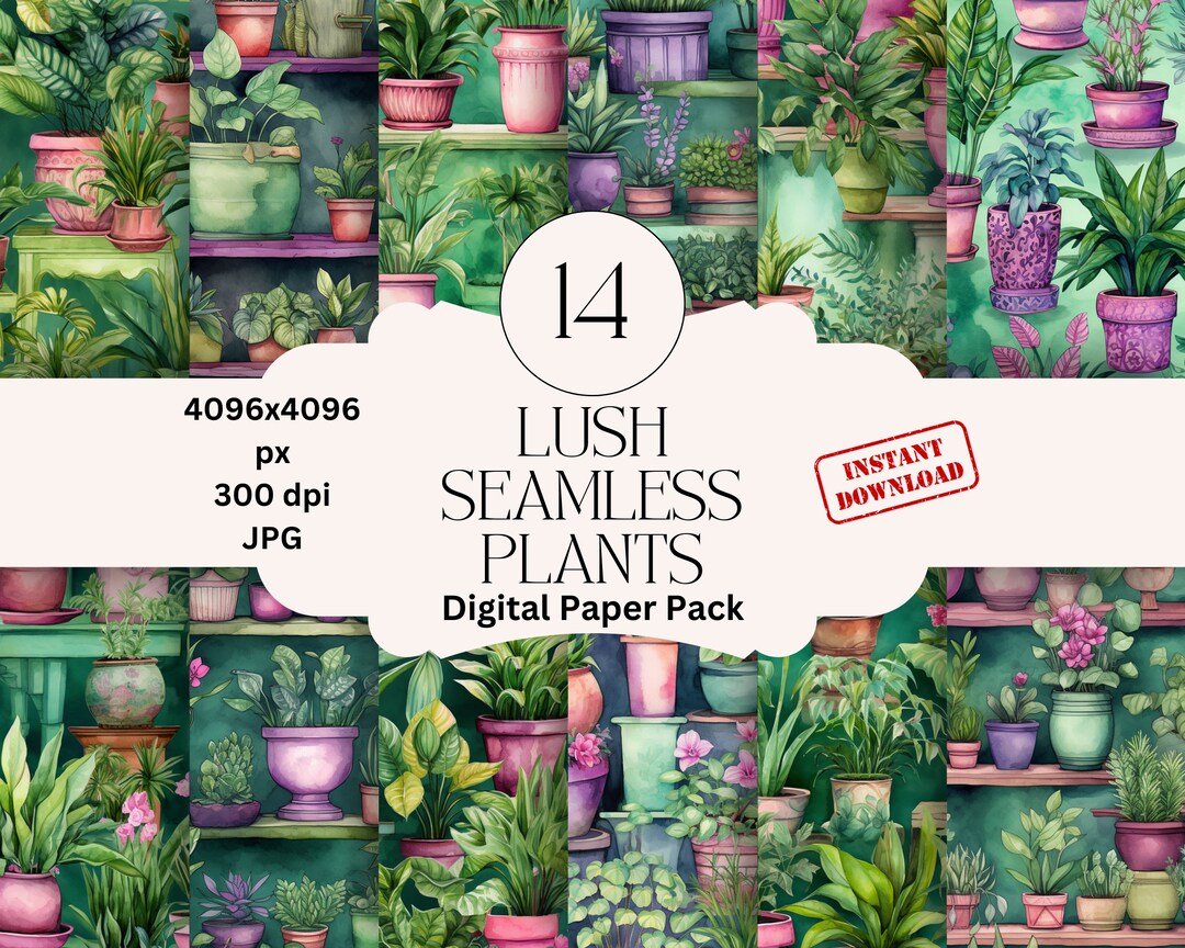 Lush Plants Digital Paper Set Junk Journal Pot Plant Seamless Paper ...