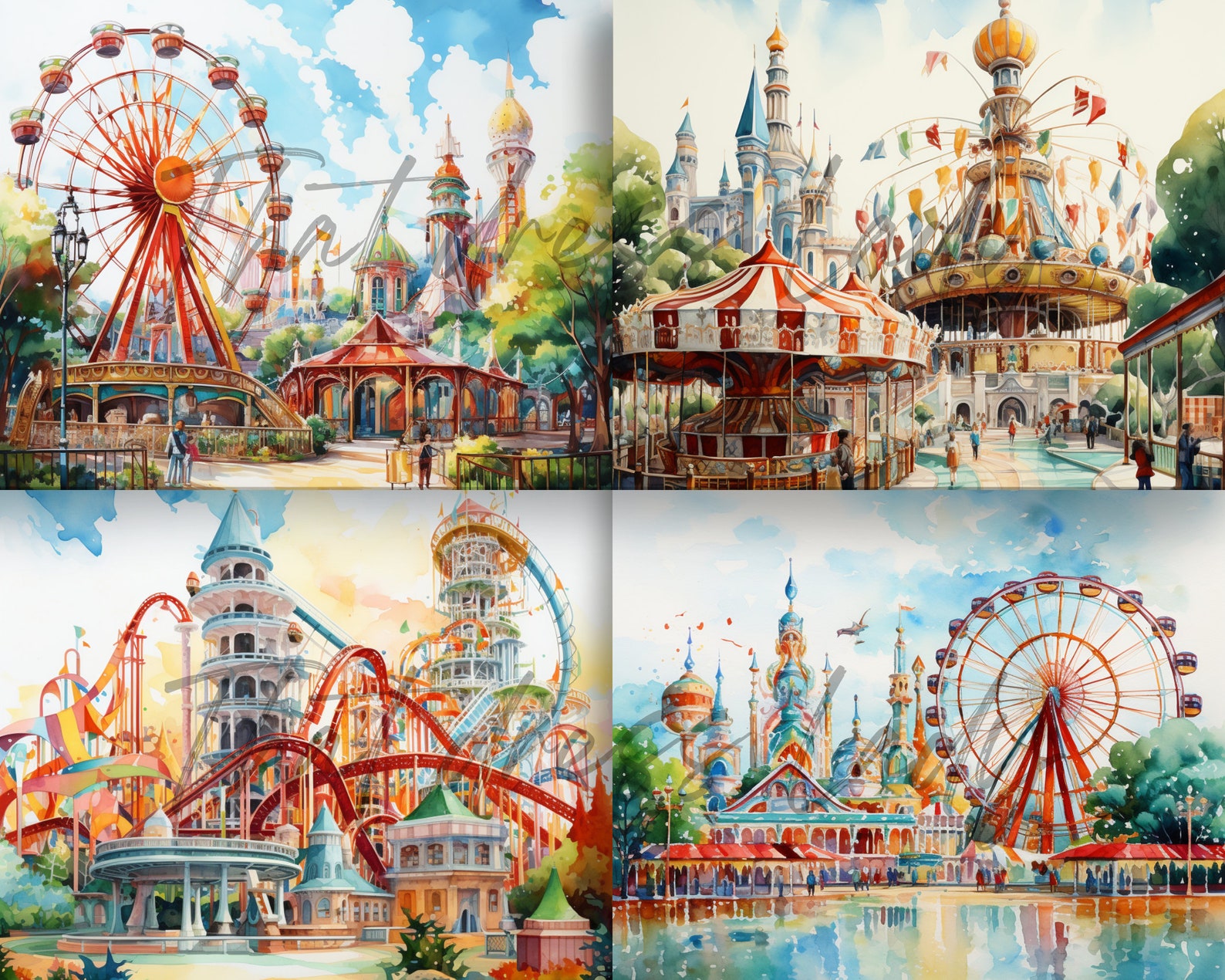 Theme Park Digital Paper Set: Watercolor Carnival Scrapbook (digital ...