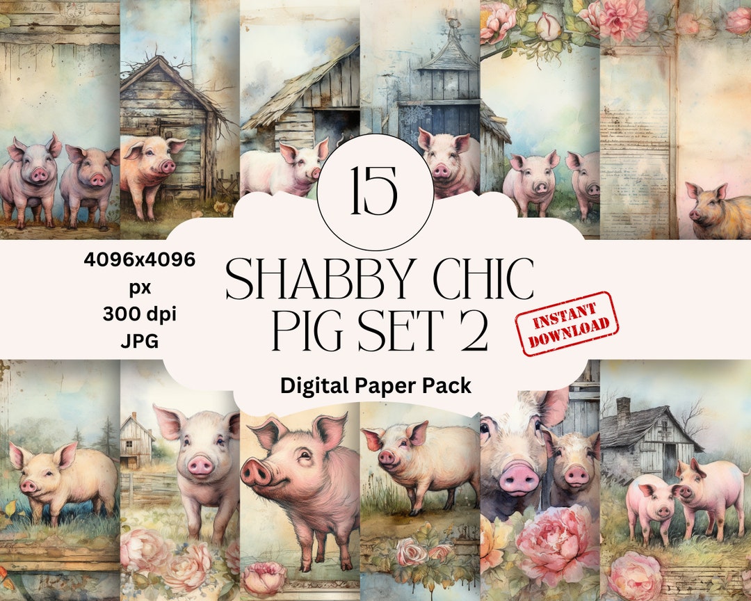 Watercolor Pig Set 2 Digital Paper Set Shabby Chic Cottagecore Junk ...