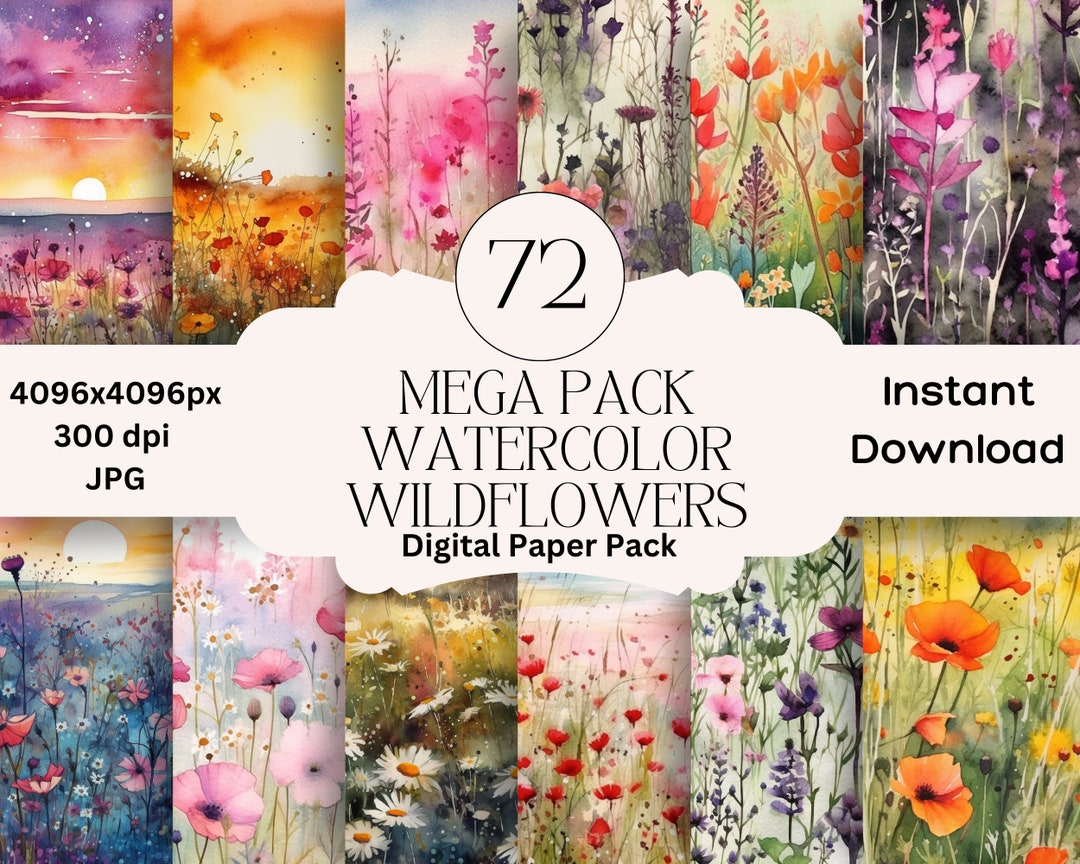 Watercolor Wildflower Paper Set: Spring Meadow Scrapbook Paper (digital ...