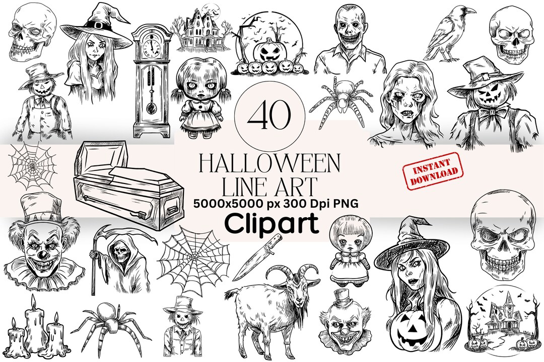 Line Art Halloween Clipart Graphics Bundle PNG Instant Download ...