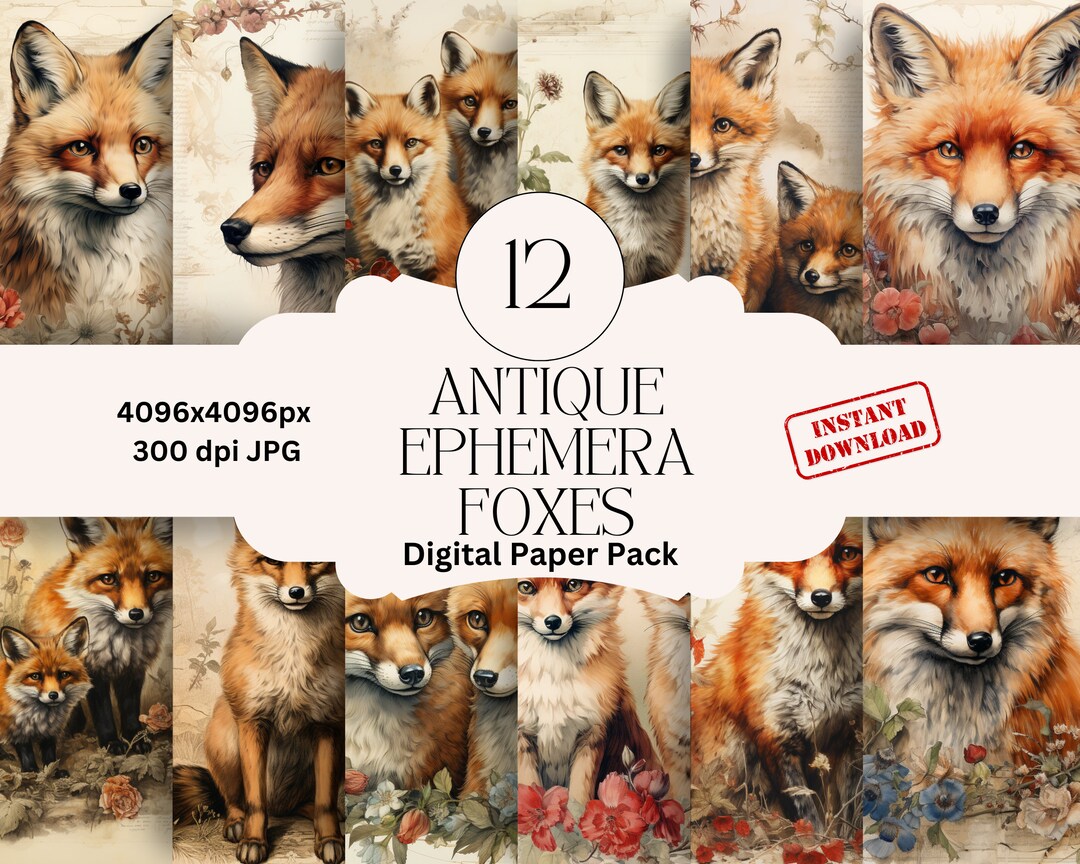 Vintage Fox Digital Paper Set Junk Journal Printable Digital ...