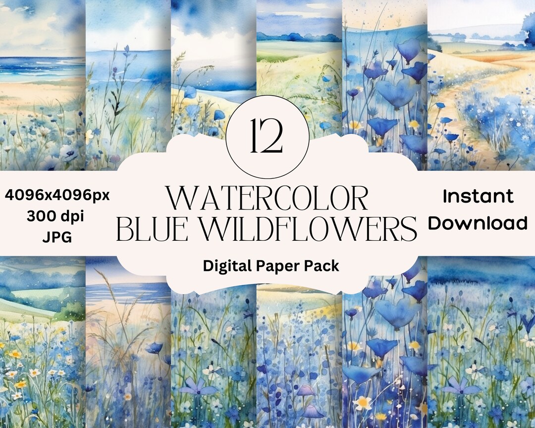 Blue Watercolor Wildflowers Digital Paper Set, Spring Flowers Junk ...