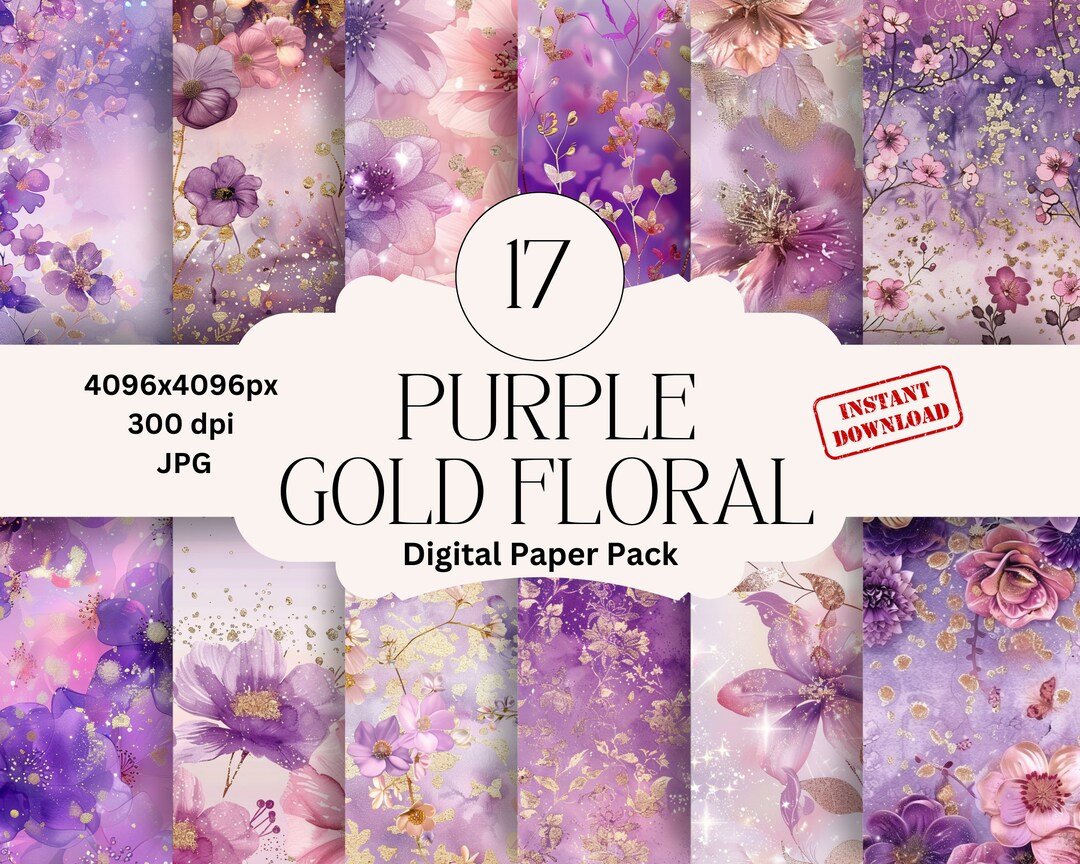 Seamless Purple Gold Floral Digital Paper Set Spring Flowers Junk ...