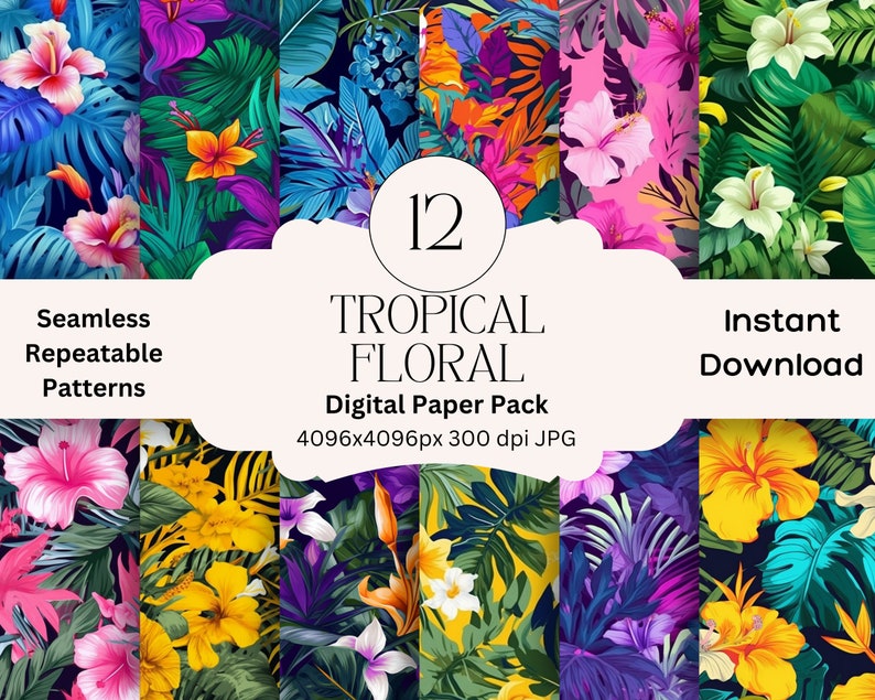 Tropical Floral Digital Paper: Watercolor Flower Patterns (digital ...