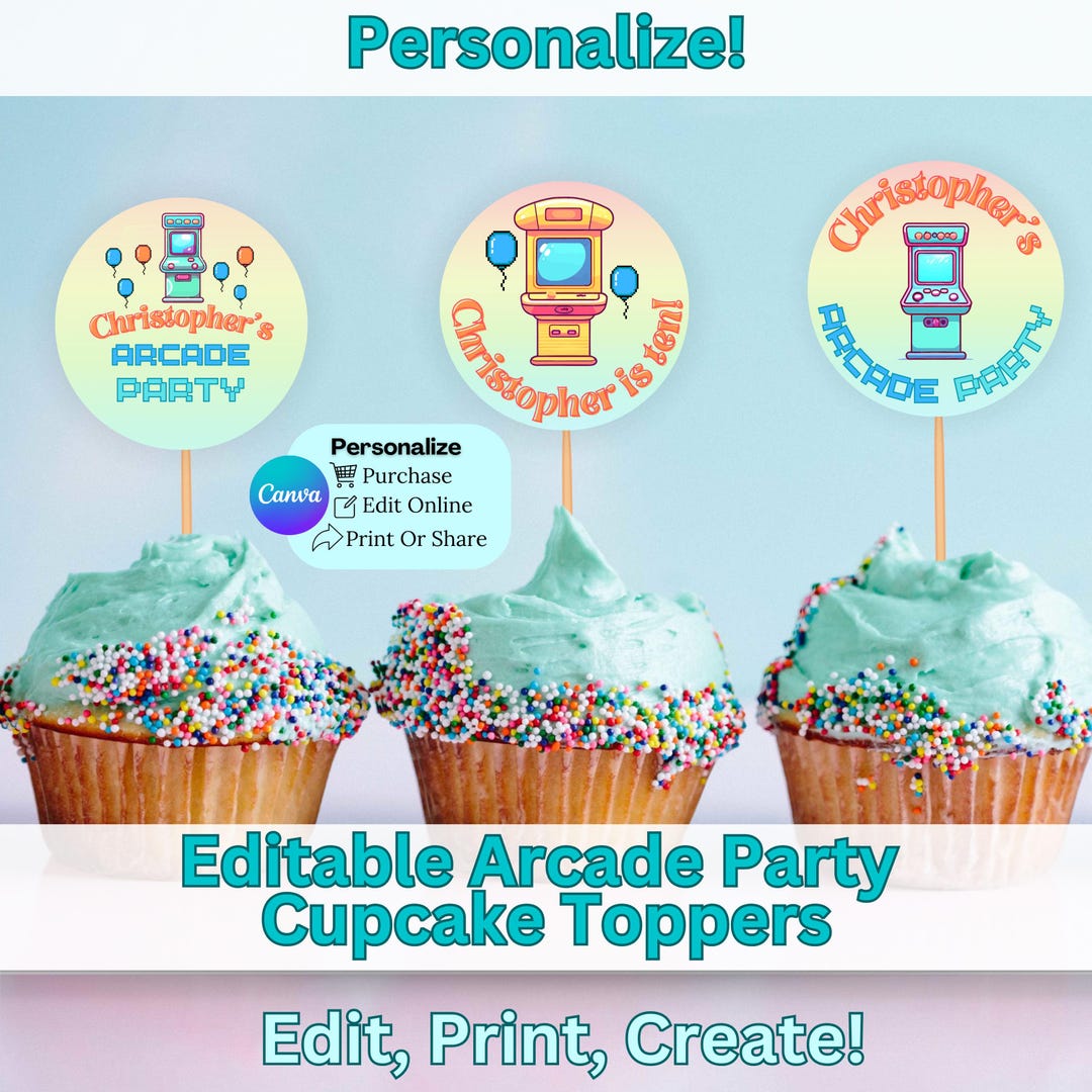 Arcade Birthday Cupcake Topper Editable Canva Template Gaming Party ...