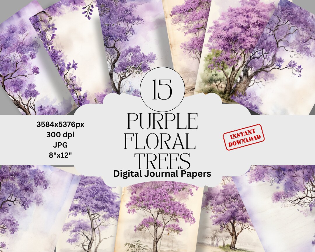 Purple Floral Tree Digital Journal Paper Set Junk Journal Paper Printable Digital Papers Floral ...