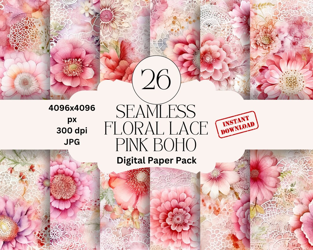 Boho Floral Lace Digital Paper Set Pink Floral Junk Journal Paper ...