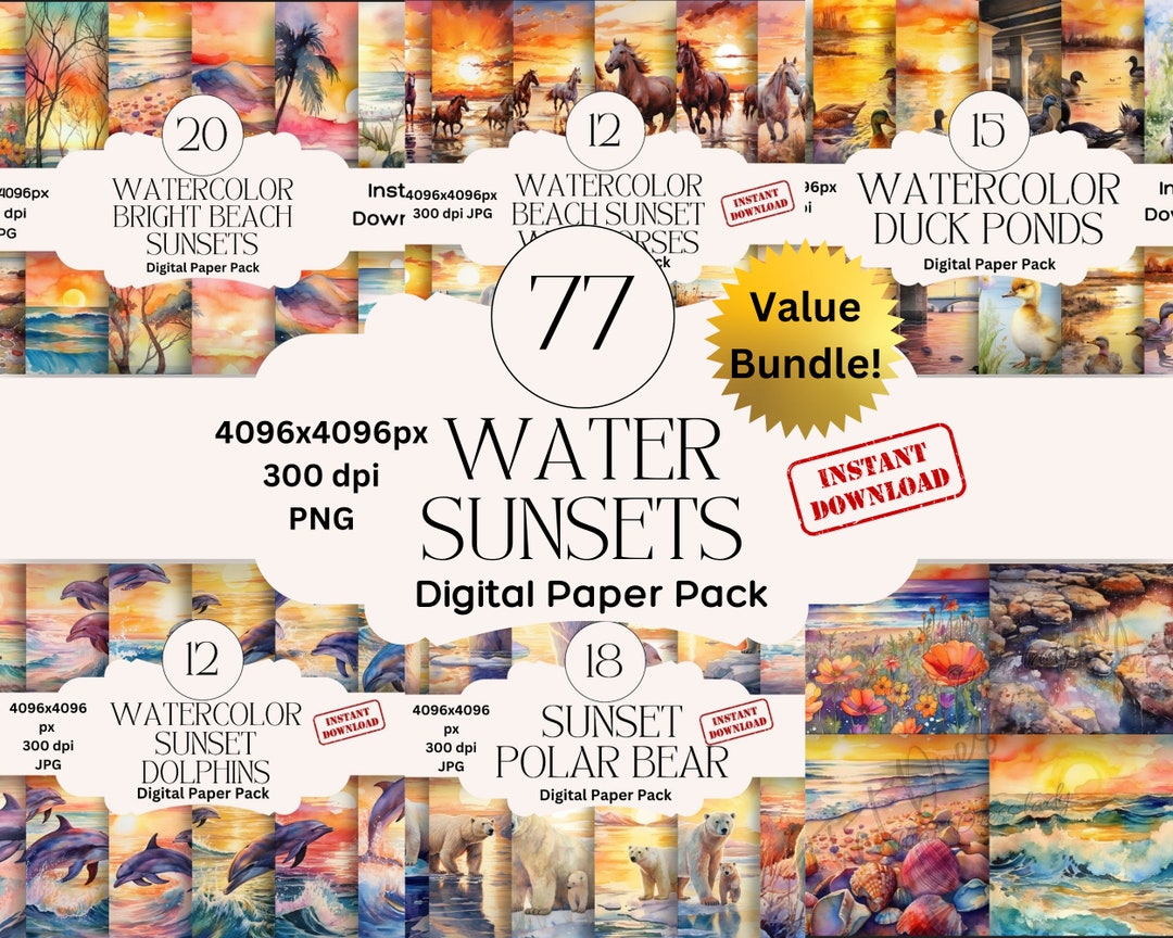 Watercolor Beach Sunset Digital Paper Set Spring Wildflowers Junk ...