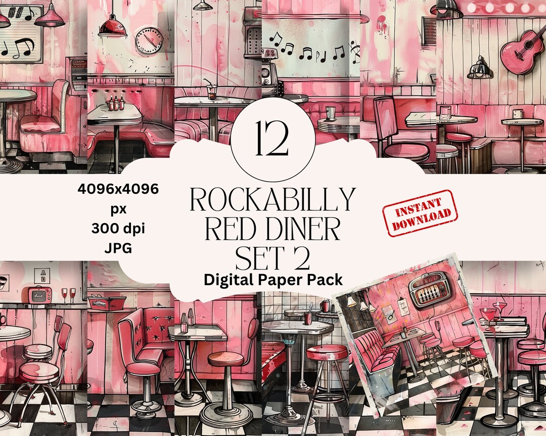 Rockabilly Red Diner Digital Paper Set Junk Journal Paper Retro Diner ...