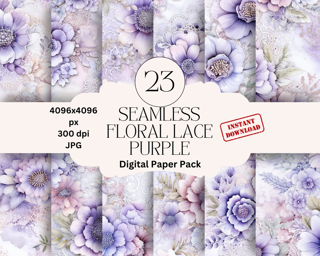 Vintage Floral Lace Digital Paper Set Purple Floral Scrapbook Paper ...