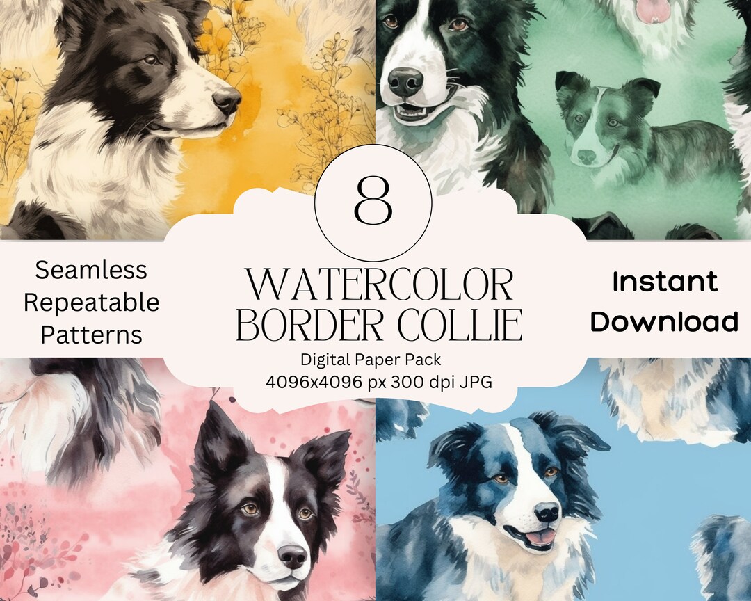 Watercolor Border Collie Digital Papers Dog Junk Journal Scrapbooking ...