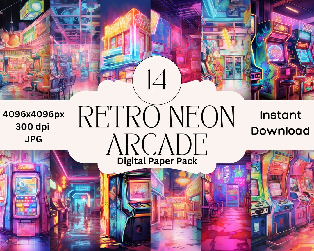 Watercolor Neon Arcade Digital Paper Set Junk Journal Paper Arcade ...
