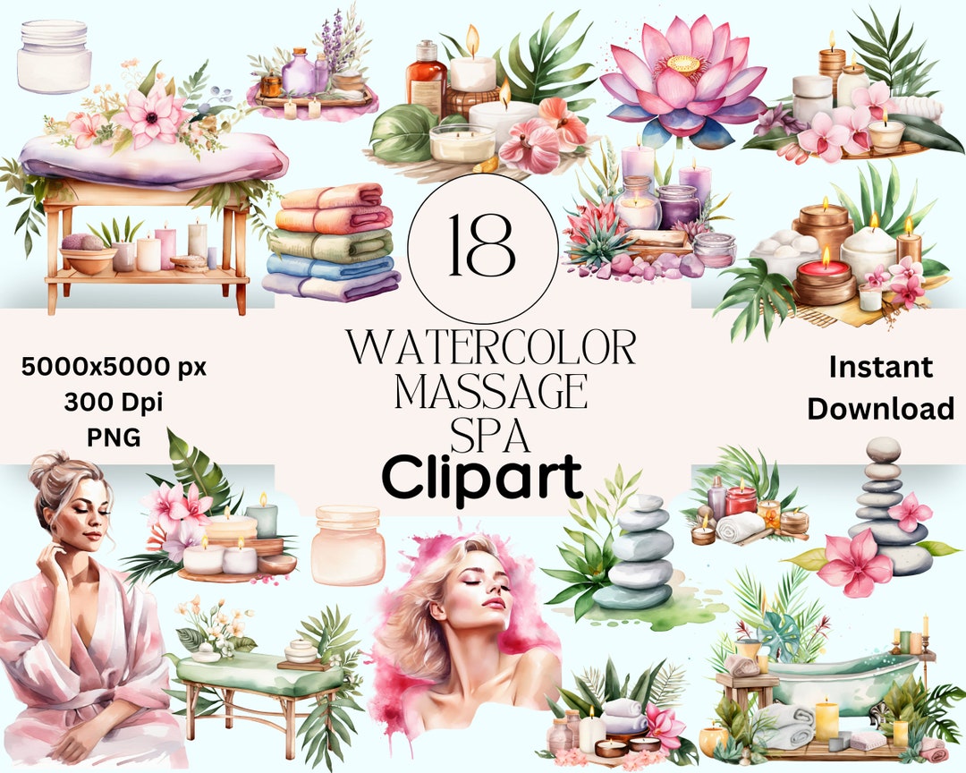 Watercolor Spa Clipart Bundle: Massage & Salon Graphics (PNG, Digital ...