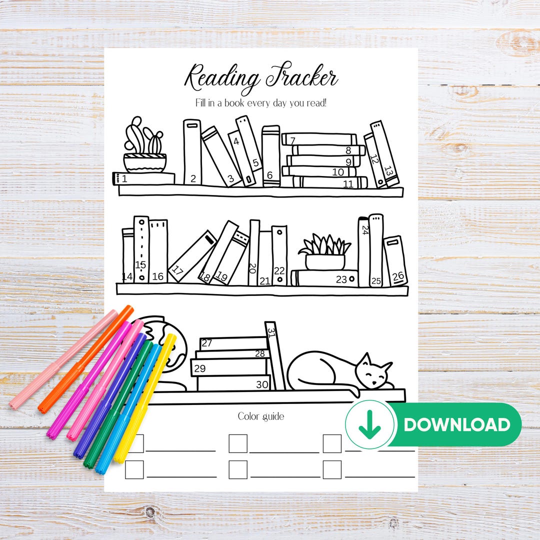 Monthly Reading Tracker Printable: Bookshelf Coloring Page (digital ...