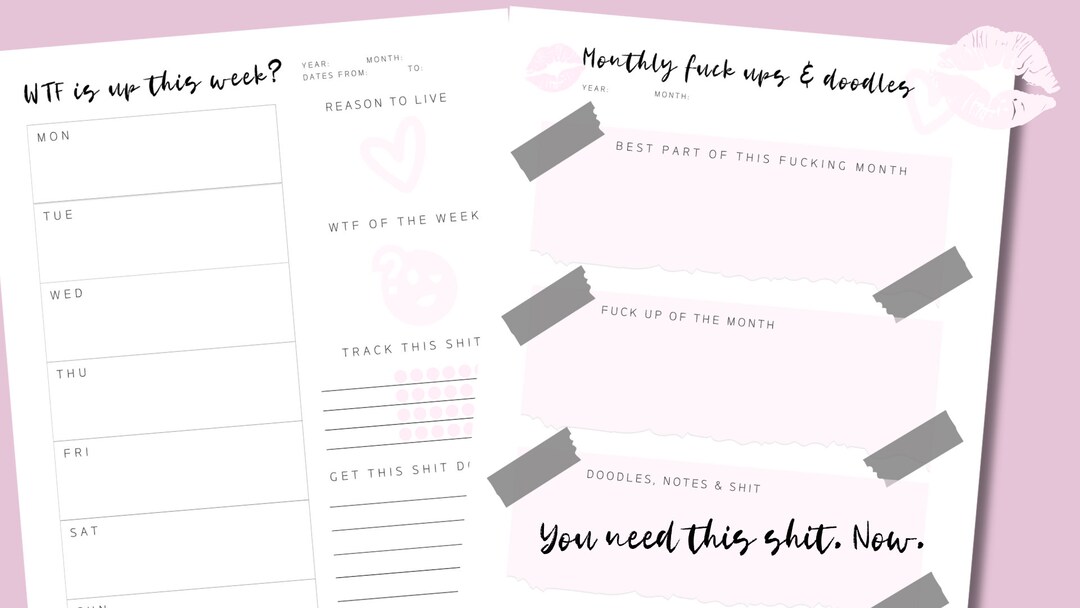 Weekly WTF Printable Planner With Monthly Pages UNDATED Pink Aesthetic ...