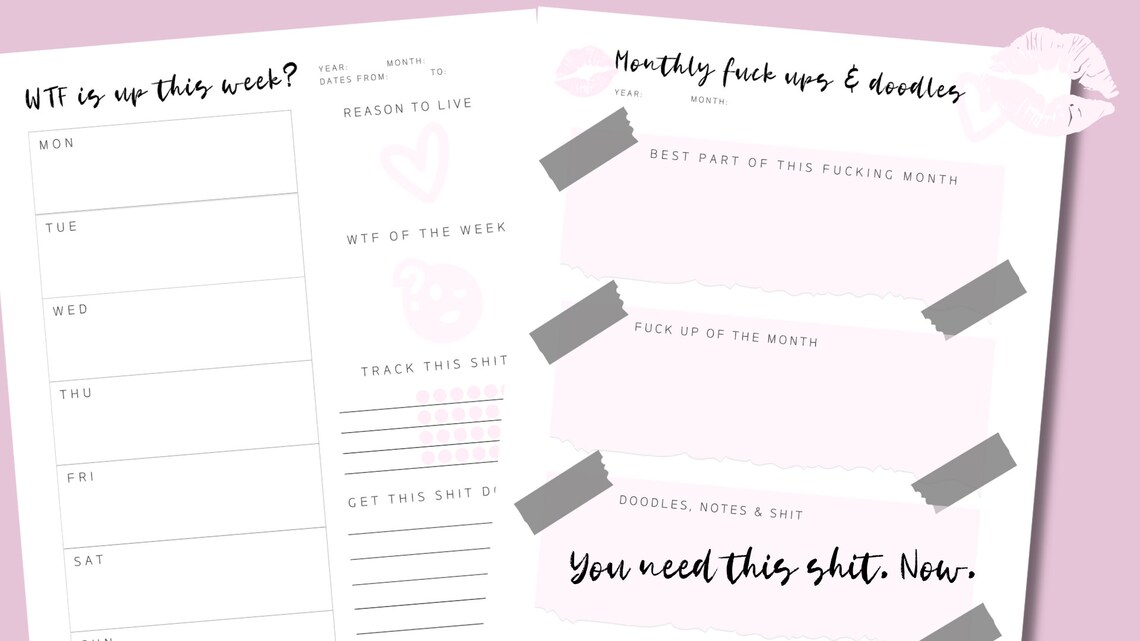 Weekly WTF Printable Planner With Monthly Pages UNDATED Pink Aesthetic ...