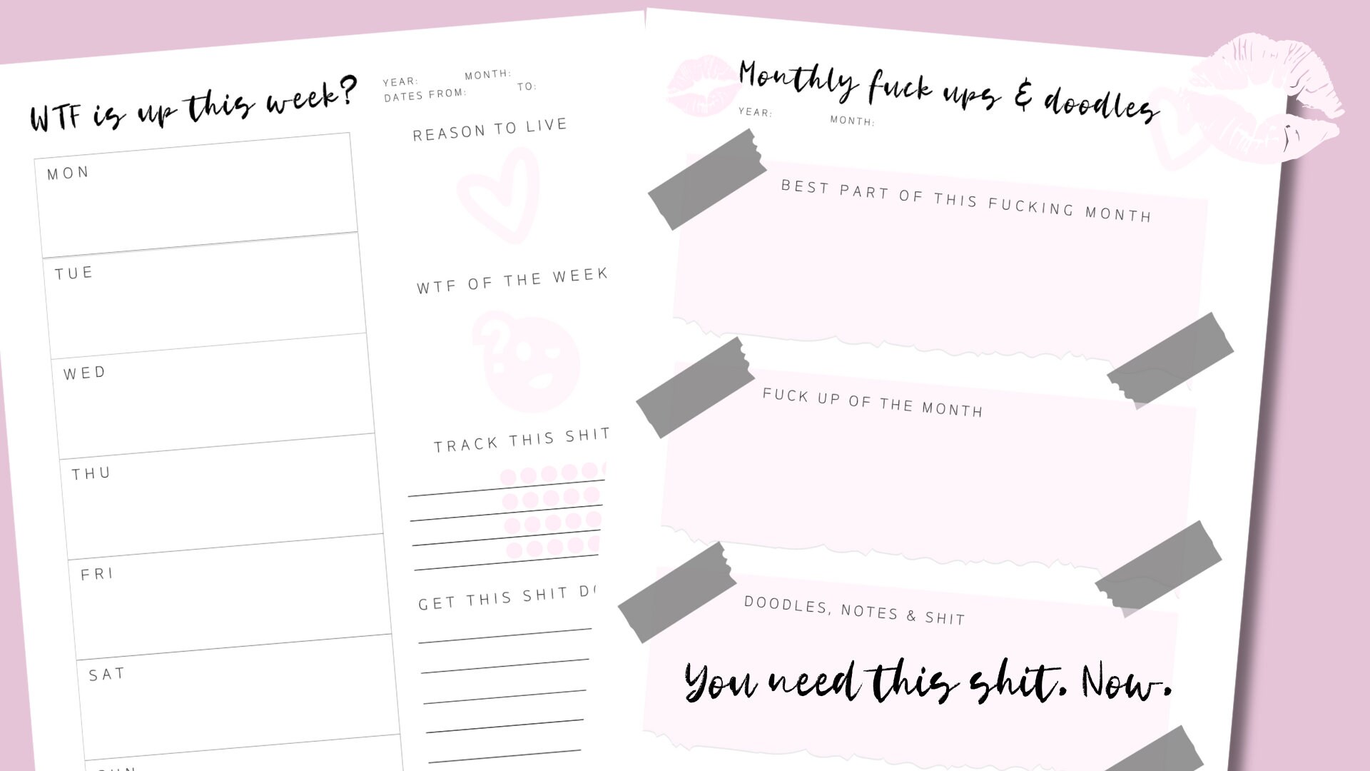 Weekly WTF Printable Planner With Monthly Pages UNDATED Pink Aesthetic ...