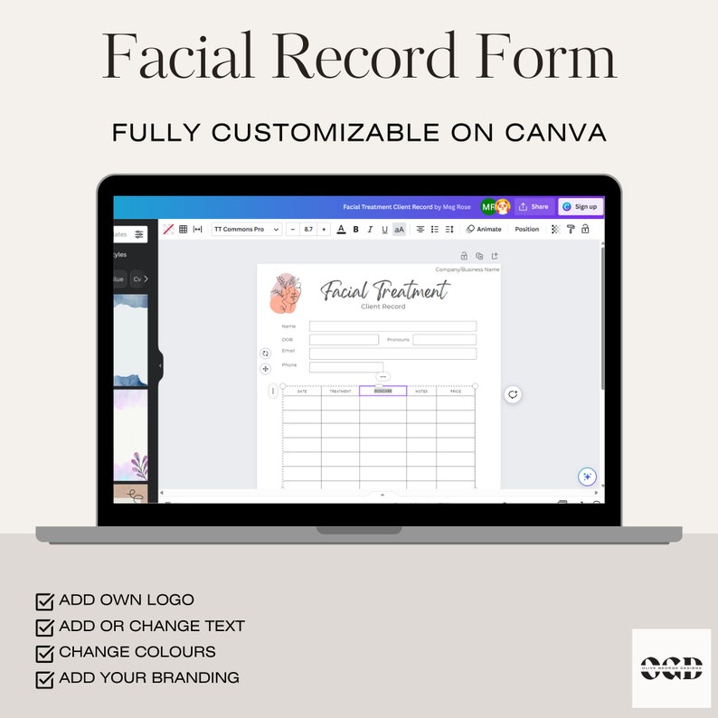 Facial Treatment Record Form - Editable Esthetician Templates ...