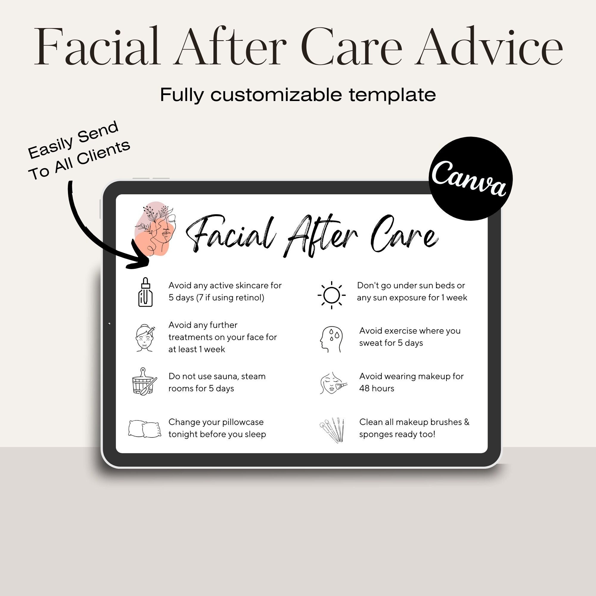 Editable Facial Aftercare Card Template, Facial Treatment Post Care Guide, Esthetician After ...