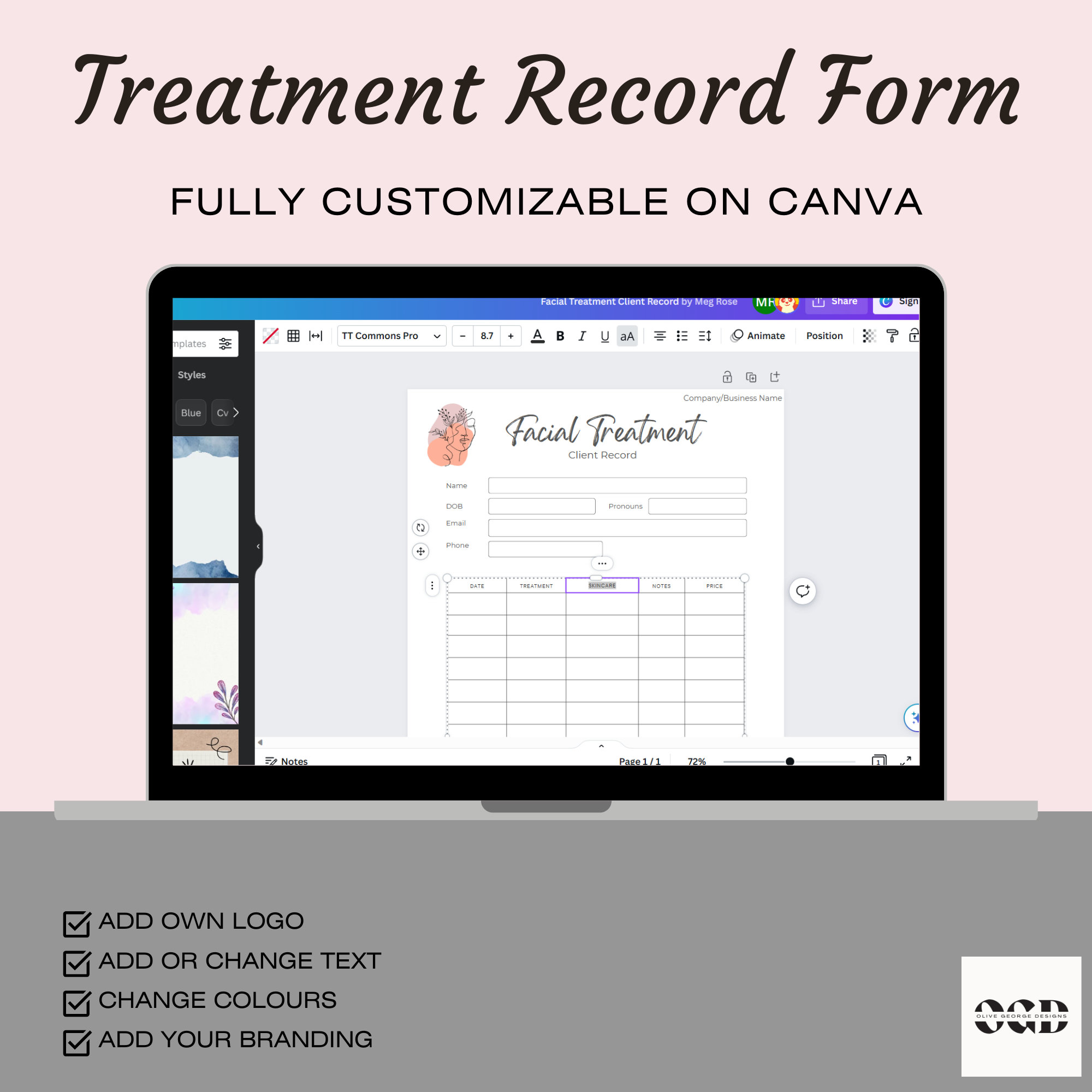 Advanced Facial Record Form - Editable Esthetician Templates, Printable ...